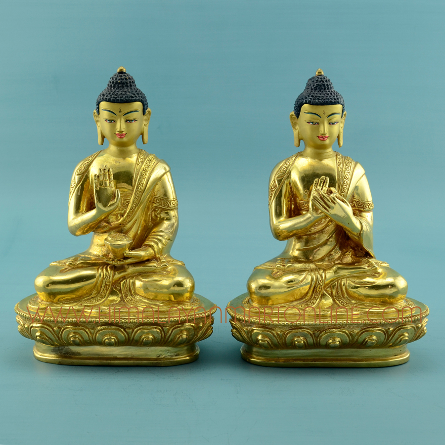 Gold Gilded 8.25" Dhyani Pancha Buddha Copper Statues Set Patan Nepal