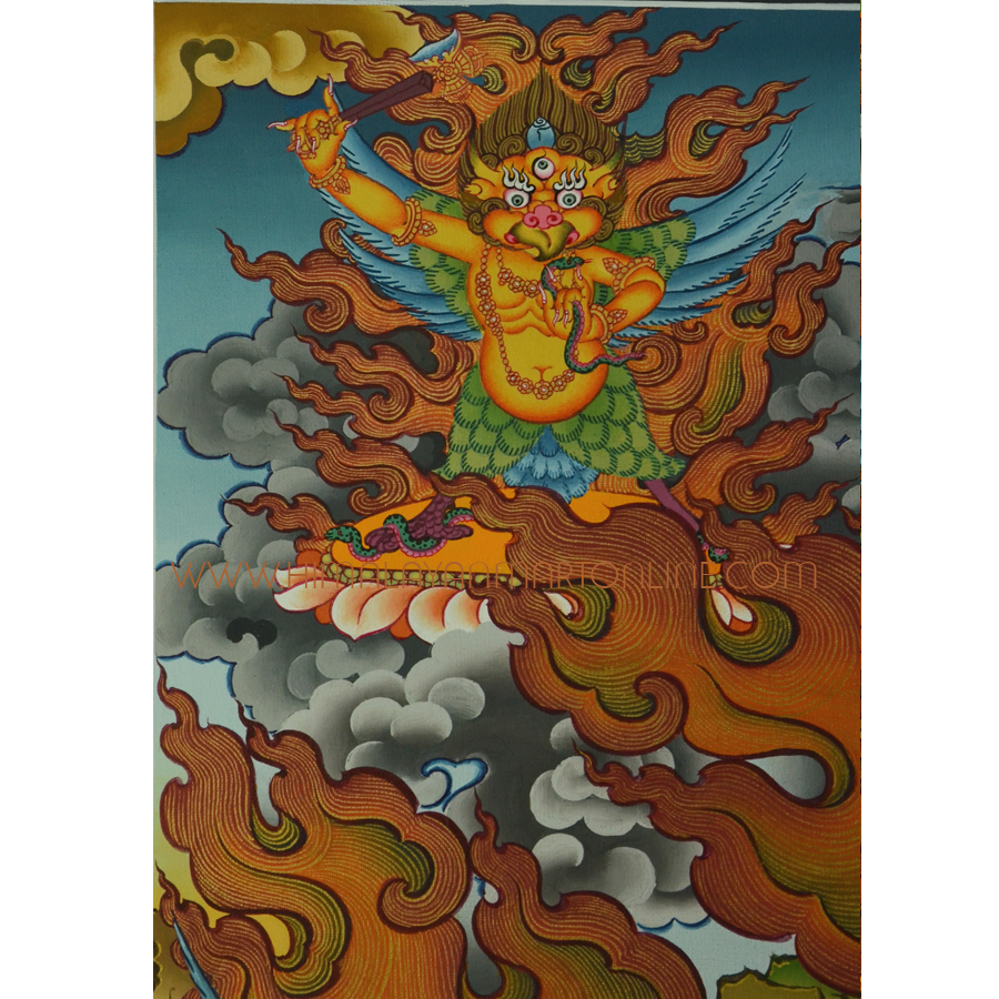 Beautiful hand painted Garuda Thangka with fine gold detailing.