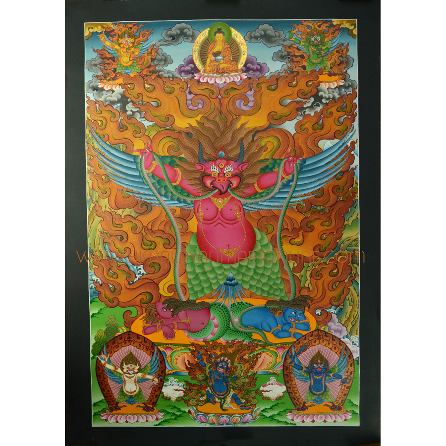 Beautiful hand painted Garuda Thangka with fine gold detailing.