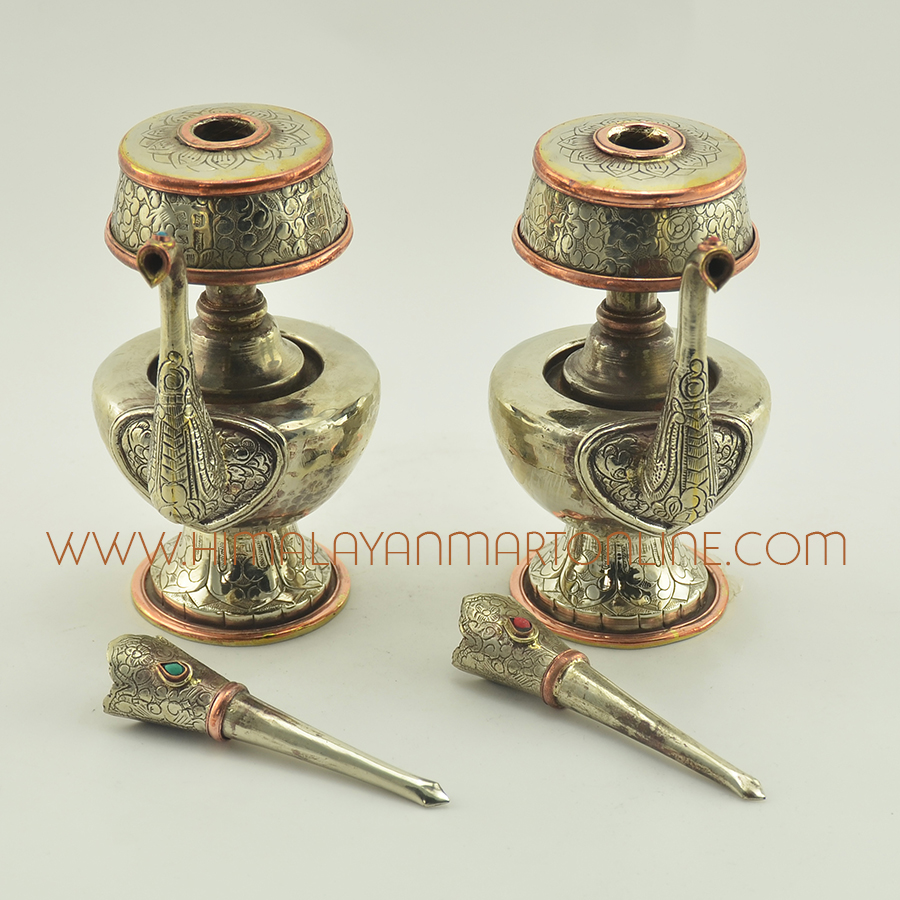 6" Tibetan Buddhism White Metal Bhumba Sacred Vase Set From Patan, Nepal