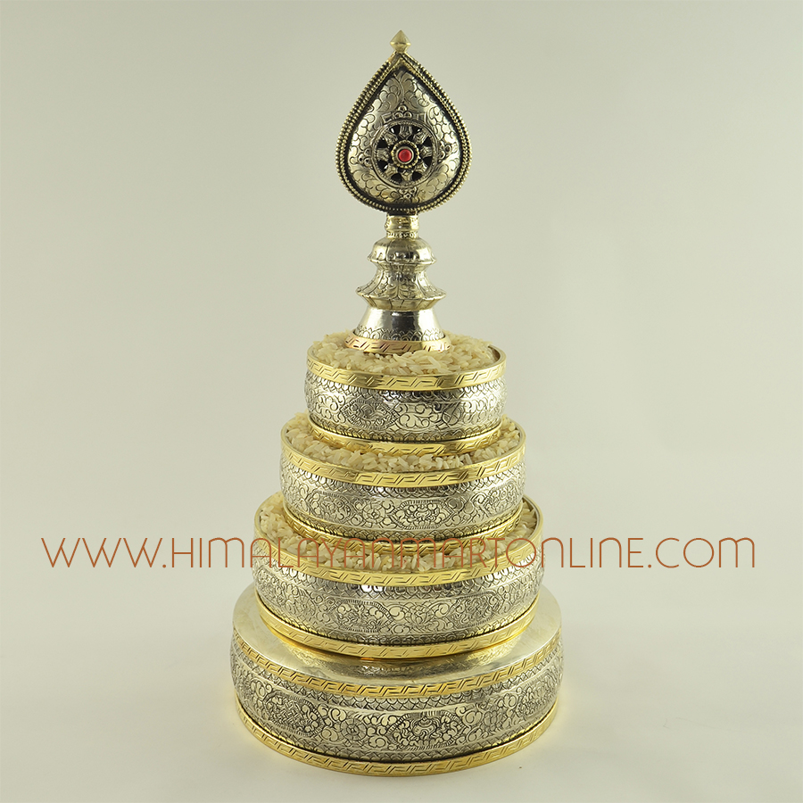 Hand Engraved Tibetan White Metal With Brass Rings Mandala Offering Set