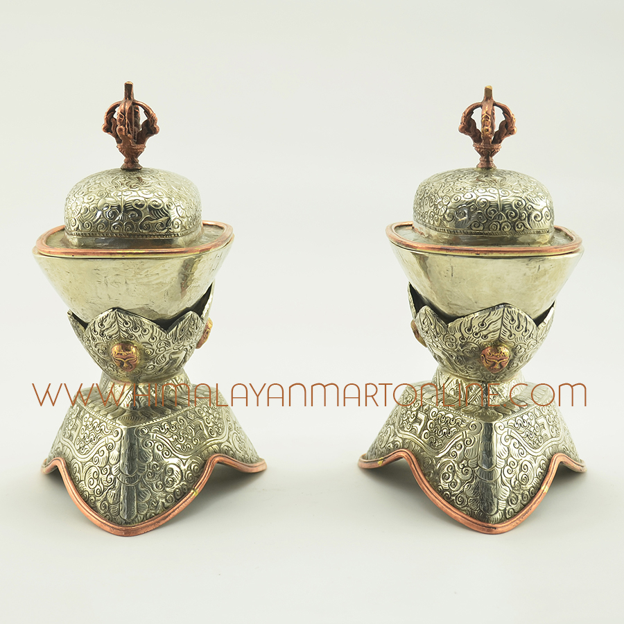 White Metal Kapala Set | Tibetan Buddhist Ritual Cup Kapala Skull for Sale