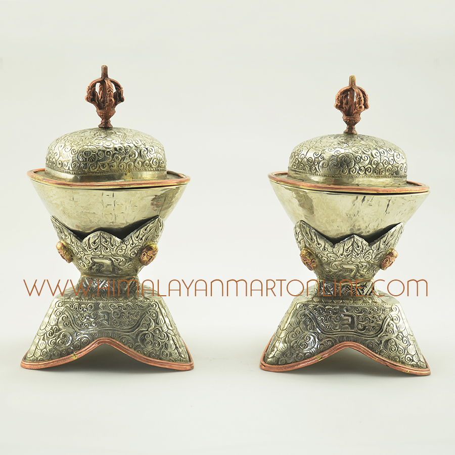 White Metal Kapala Set | Tibetan Buddhist Ritual Cup Kapala Skull for Sale