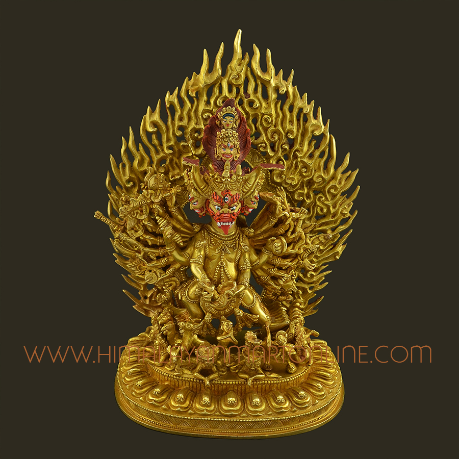 Yamantaka Statue: Finely Hand Carved Gold Gilded Yamantaka Copper Statue