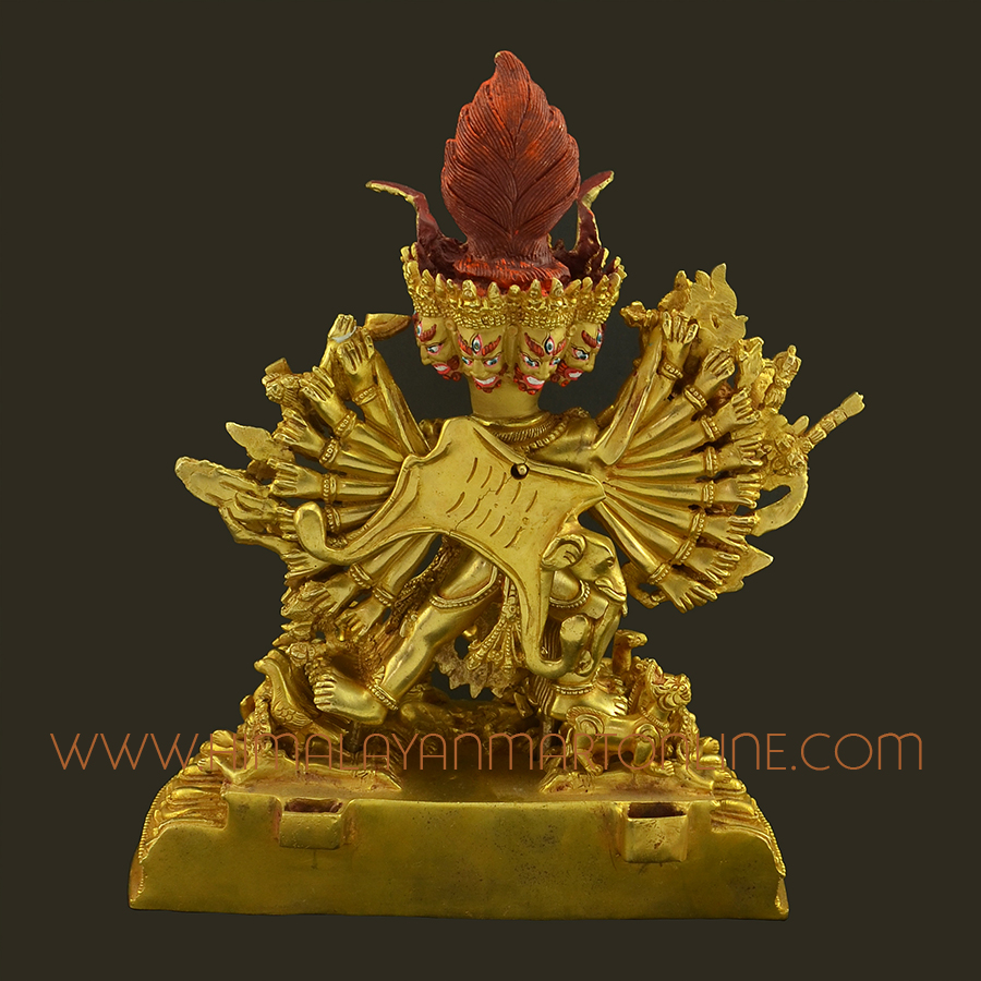 Yamantaka Statue: Finely Hand Carved Gold Gilded Yamantaka Copper Statue
