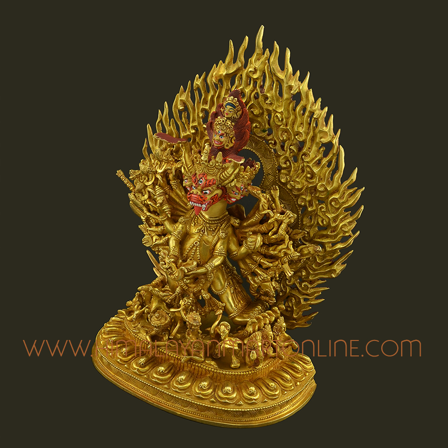 Yamantaka Statue: Finely Hand Carved Gold Gilded Yamantaka Copper Statue