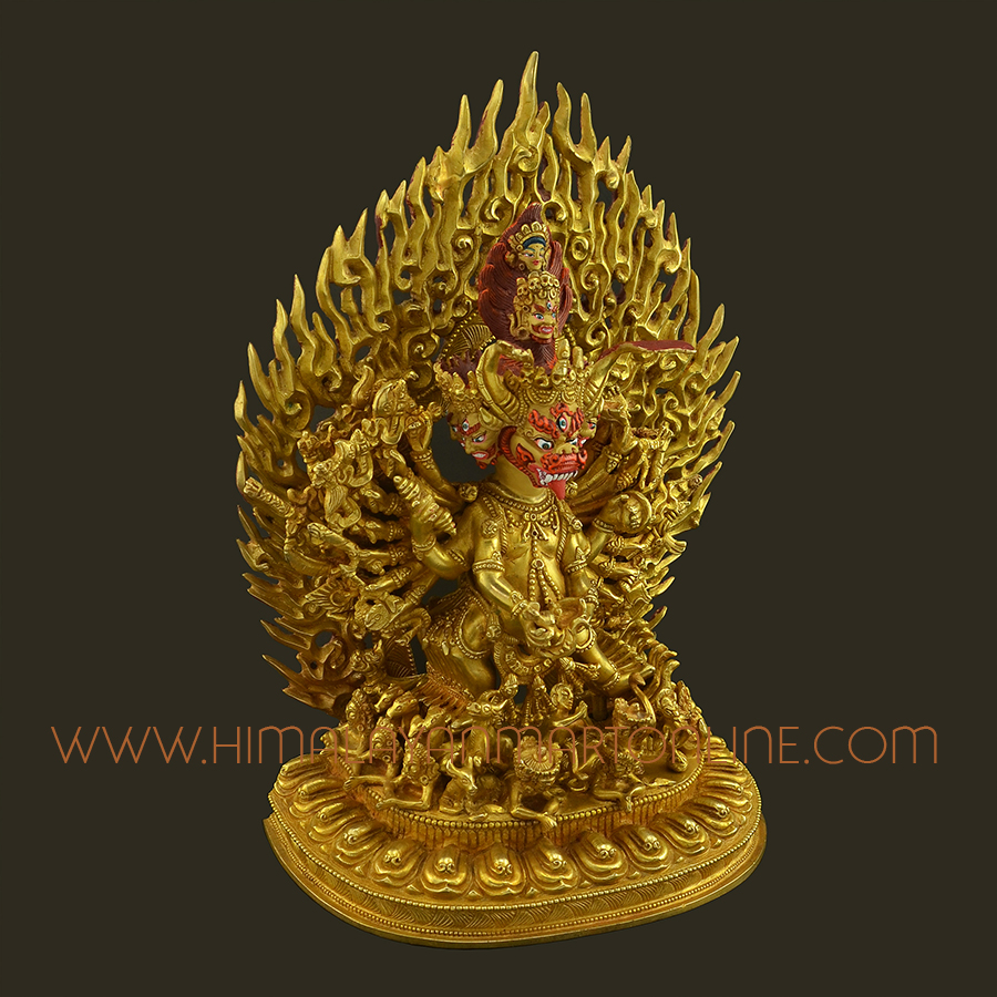 Yamantaka Statue: Finely Hand Carved Gold Gilded Yamantaka Copper Statue