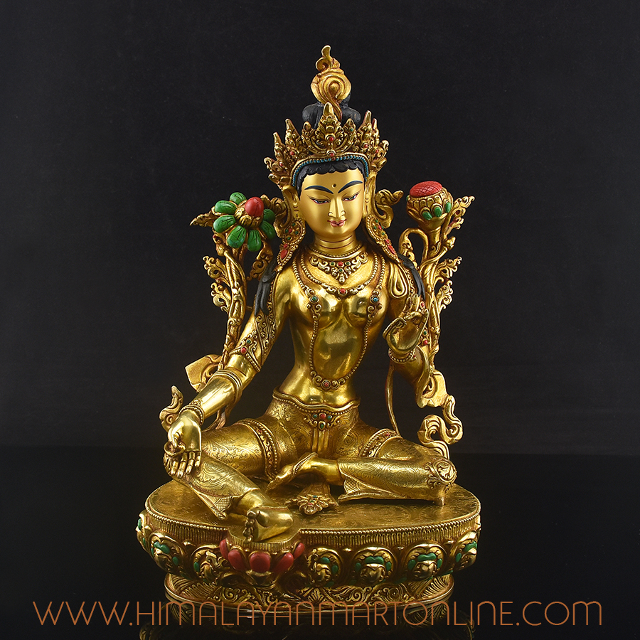 Gold Gilded Tara Statue: Green Tara / Dholma – The Rescuer