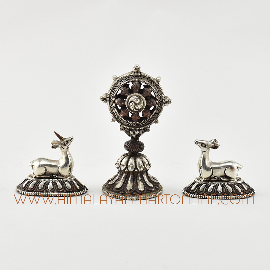 Ceremonial Dharma Wheel and Pair of Deer: Ritual Buddhsit Symbol