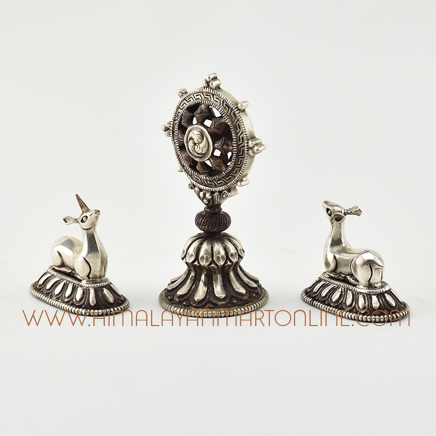 Ceremonial Dharma Wheel and Pair of Deer: Ritual Buddhsit Symbol