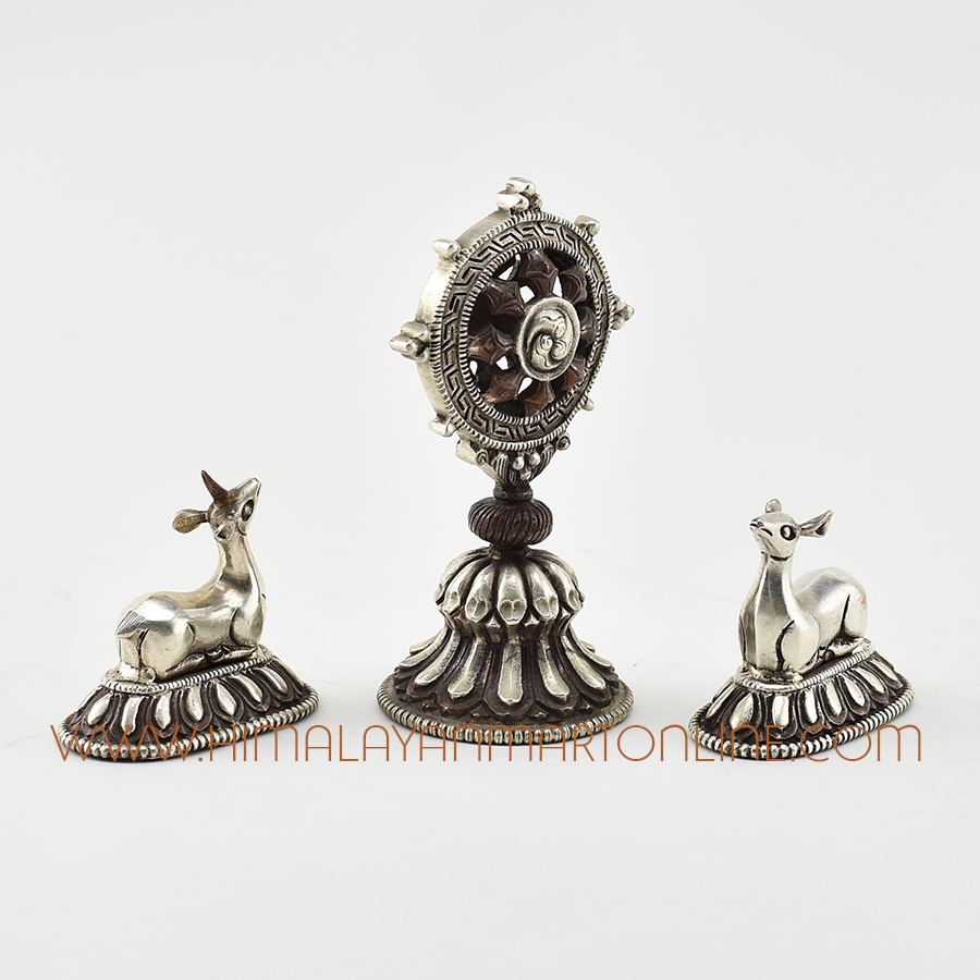Ceremonial Dharma Wheel and Pair of Deer: Ritual Buddhsit Symbol